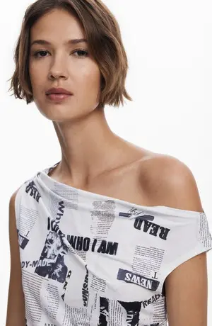Desigual Newspaper Print One-shoulder Top