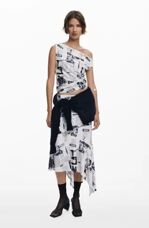 Desigual Newspaper Print One-shoulder Top