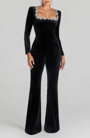 NADINE MERABI Velvet Jumpsuit With Rhinestone Trim - Black