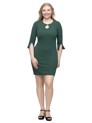 24SEVEN COMFORT APPAREL Keyhole Three Quarter Sleeve Mini Dress - Hunter