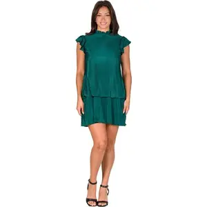 24SEVEN COMFORT APPAREL Ruffle Cap Sleeve High Neck Pleated Tiered Mini Dress - Hunter