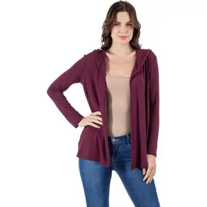 24SEVEN COMFORT APPAREL Open Front Lightweight Hooded Cardigan - Plum