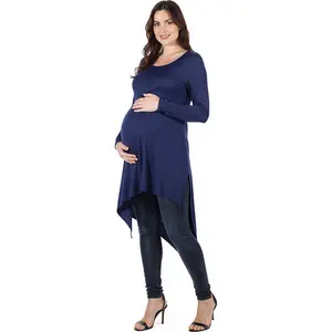 24SEVEN COMFORT APPAREL Long Sleeve Knee Length Asymmetrical Maternity Tunic Top - Navy