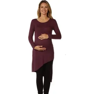 24SEVEN COMFORT APPAREL Long Sleeve Knee Length Asymmetrical Maternity Tunic Top - Plum