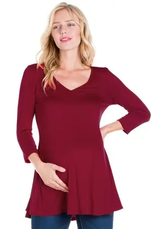 24SEVEN COMFORT APPAREL Three Quarter Sleeve V-neck Maternity Tunic Top - Wine