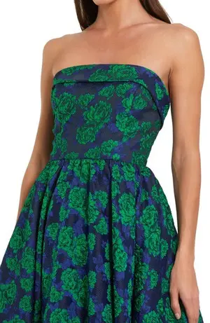 Mac Duggal Brocade Strapless A-line Midi Dress - Emerald Multi