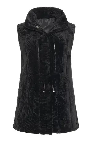 Gorski Genuine Shearling Hooded Vest - Black/black
