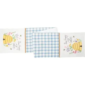 C&F HOME Bee Happy In The Garden" Plaid & White 100% Cotton Table Runner 13" X 72" - Blue