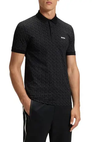 BOSS Paddy Geo Print Cotton Polo - Black