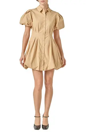 English Factory Puff Sleeve Cotton Mini Shirtdress Bubble Hem - Tan
