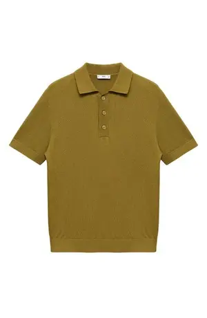 Mango Cotton Blend Knit Polo - Olive Green