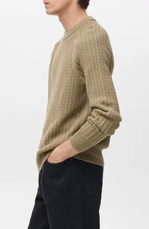 Mango Cabled Cotton Crewneck Sweater - Sand