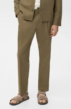 Mango Cotton Blend Straight Leg Trousers - Olive Green