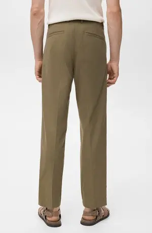 Mango Cotton Blend Straight Leg Trousers - Olive Green