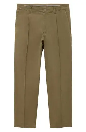 Mango Cotton Blend Straight Leg Trousers - Olive Green