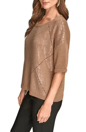 Donna Karan New York Sequin Embellished Short Sleeve Sweater - Fawn