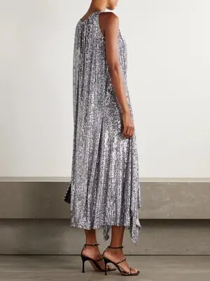 Rabanne Asymmetric Ruched Sequin-embellished Jersey Midi Dress