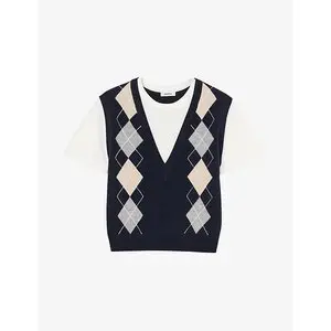 Sandro Argyle Layered-effect Wool And Cashmere-blend Jumper - Navy Blue