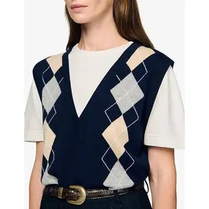 Sandro Argyle Layered-effect Wool And Cashmere-blend Jumper - Navy Blue