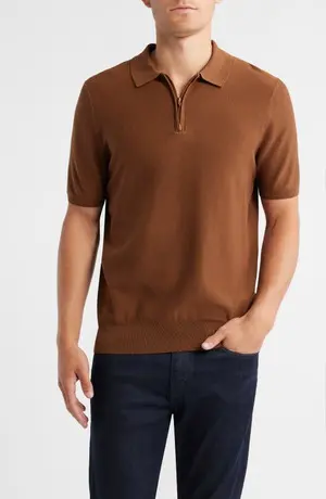 BOSS Imartino Piqué Zip Polo - Medium Brown