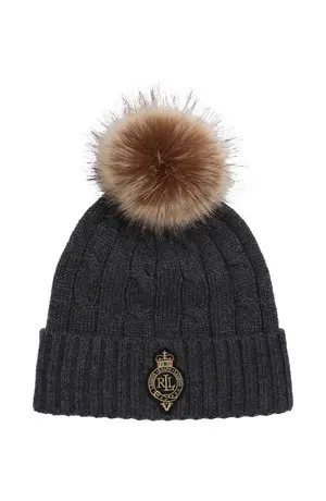 Ralph Lauren Cable-knit Crest Patch Beanie - Charcoal Heather