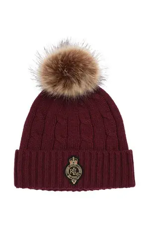 Ralph Lauren Cable-Knit Crest Patch Beanie Dark Garnet