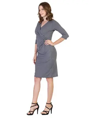 24SEVEN COMFORT APPAREL Draped V-neck Knee-length Dress - Grey