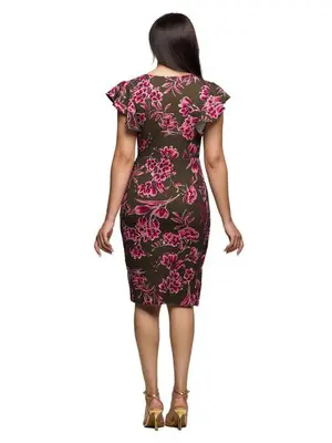 24SEVEN COMFORT APPAREL Floral Flutter Sleeve Wrap Knee Length Dress