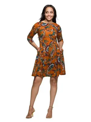24SEVEN COMFORT APPAREL Paisley Print Fit And Flare Knee Length Dress - Orange Multi