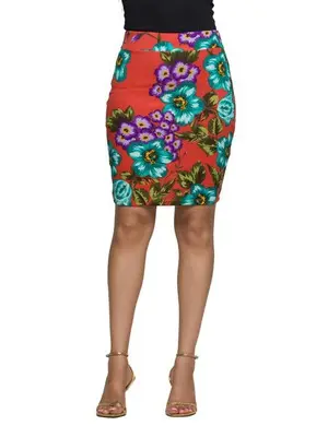 24SEVEN COMFORT APPAREL Floral Print Knee Length Pencil Skirt - Orange Multi