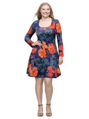 24SEVEN COMFORT APPAREL Floral Print Knee Length A-line Dress - Navy Multi
