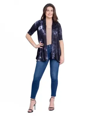 24SEVEN COMFORT APPAREL Tie-dye Elbow Sleeve Open Front Cardigan - Black Multi