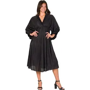 24SEVEN COMFORT APPAREL Shimmer Pleated V-neck Bishop Sleeve Midi Dress - Black