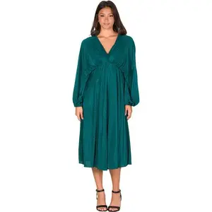 24SEVEN COMFORT APPAREL Shimmer Pleated V-neck Bishop Sleeve Midi Dress - Hunter