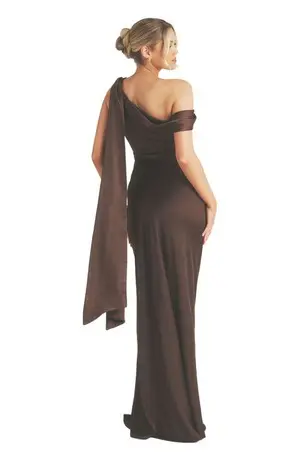 SIX STORIES One-shoulder Satin Bridesmaid Dress - Chocolate