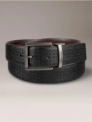 Calvin Klein Allover Monogram Logo Reversible Harness Buckle Belt - Black/ Brown