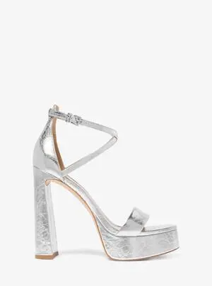Michael Kors Cami Crackled Metallic Leather Platform Sandal - Silver