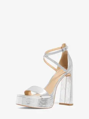 Michael Kors Cami Crackled Metallic Leather Platform Sandal - Silver