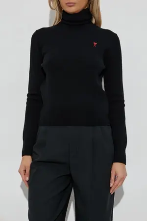 AMI Paris Wool Turtleneck With Embroidered Logo - Black