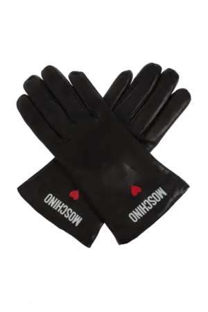 Moschino Leather Gloves With Printed Logo - Black