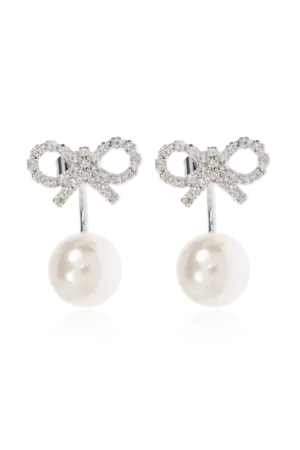 SELF-PORTRAIT Crystal And Pearl Bow Earrings - Silver