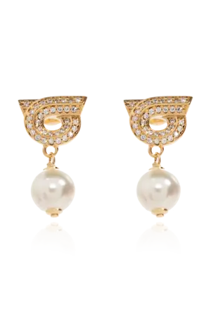 FERRAGAMO Earrings With Logo Detailing And Pearl Accent - Gold