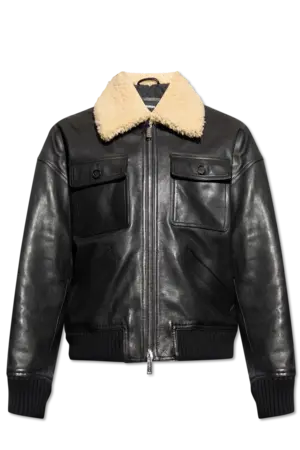 Dsquared2 Leather Bomber Jacket With Faux Fur Collar