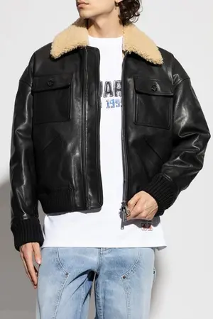 Dsquared2 Leather Bomber Jacket With Faux Fur Collar