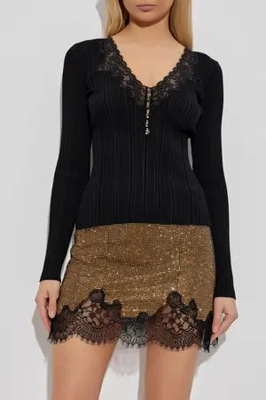 SELF-PORTRAIT Ribbed Knit Top With Shimmering Button Detail