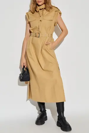 GANNI Cotton-linen Blend Midi Dress With Belt