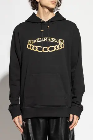 Balmain Hooded Cotton Knit Pullover With Gold Chain Motif