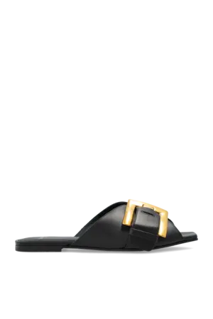 Balmain Leather Slides With Gold Buckle - Black