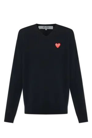 Play Comme Des Garcon V-neck Wool Sweater With Heart Patch - Black