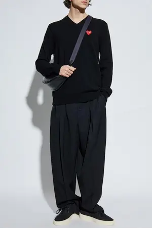 Play Comme Des Garcon V-neck Wool Sweater With Heart Patch - Black